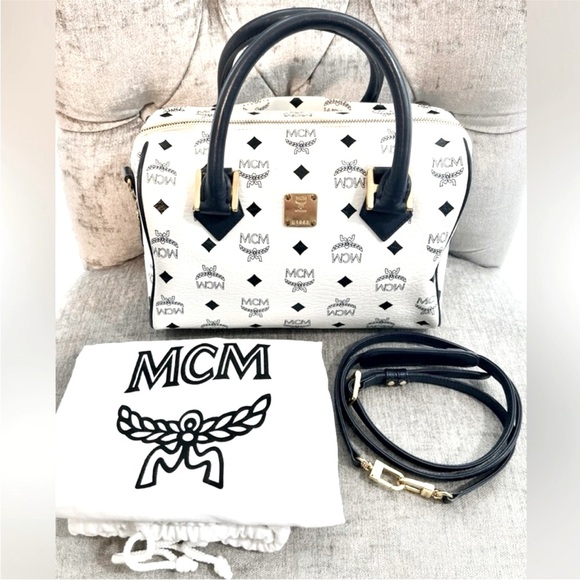 MCM | Bags | Authentic Mcm Visetos Small Boston Bag In Whitenavy Euc ...